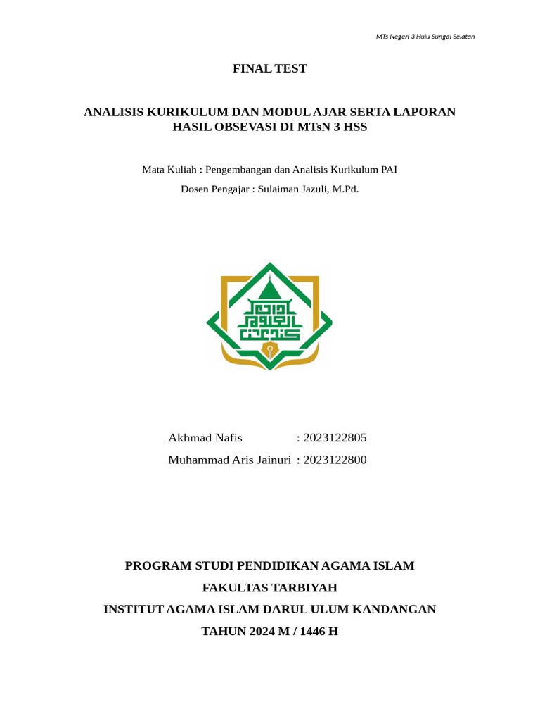 Analisis Kurikulum PAI MTsN 3 HSS | PDF