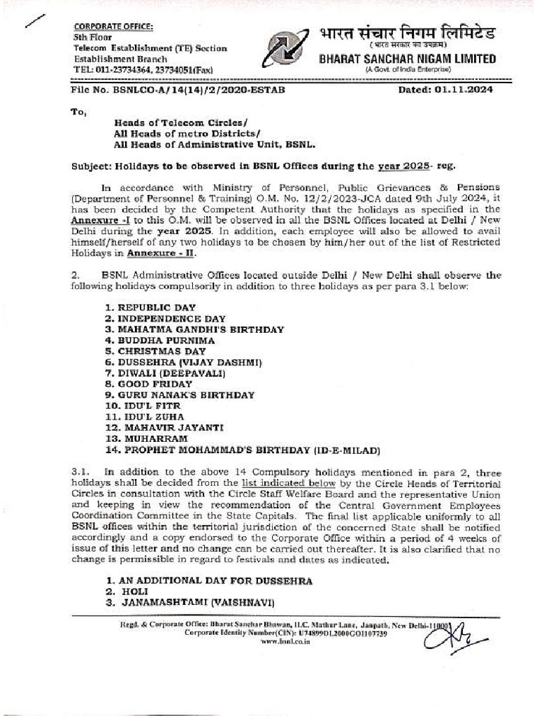 BSNL Holidays 2025 | PDF