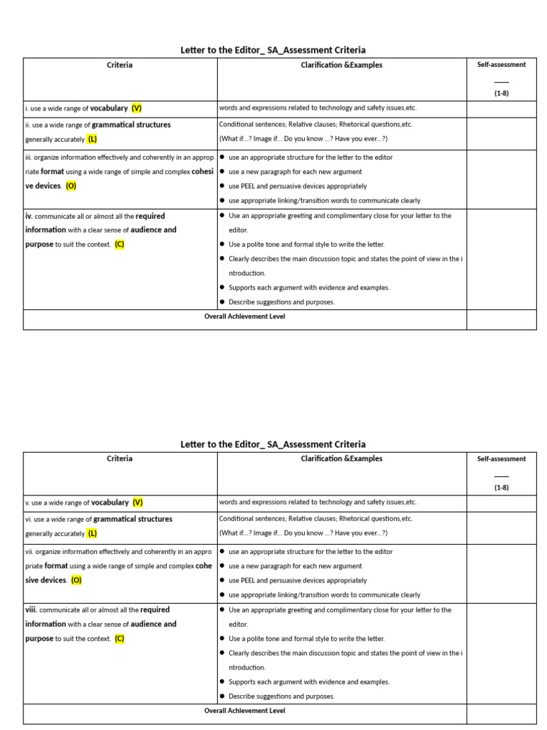 Letter to the Editor Assessment Criteria | PDF | Argument | Word