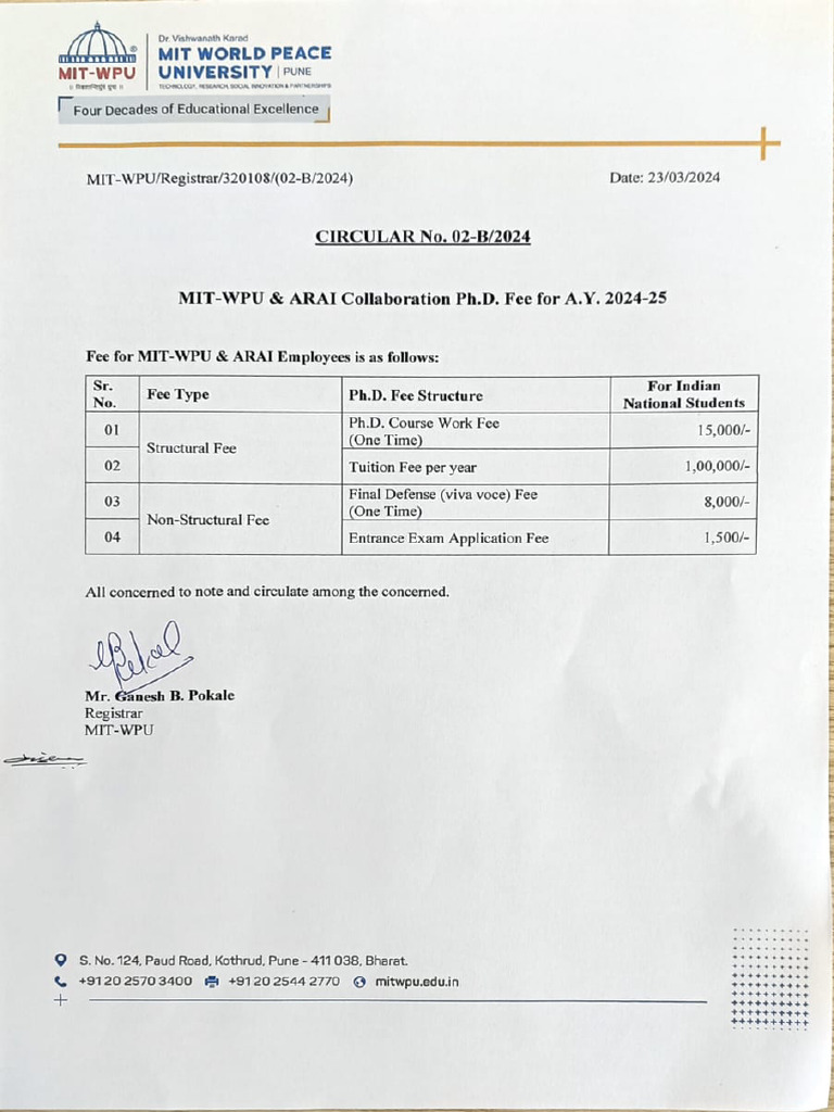 PHD Fee Structure AY 2024 25 | PDF