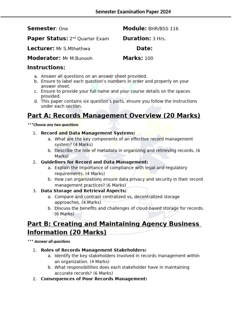 2024 BHR/BSS 116 Exam Paper | PDF | Records Management | Risk
