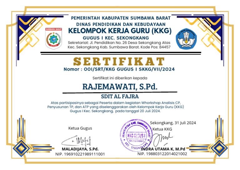 Sertifikat KKG Gugus 1 Kec Sekongkang Bulan Juli-31 | PDF