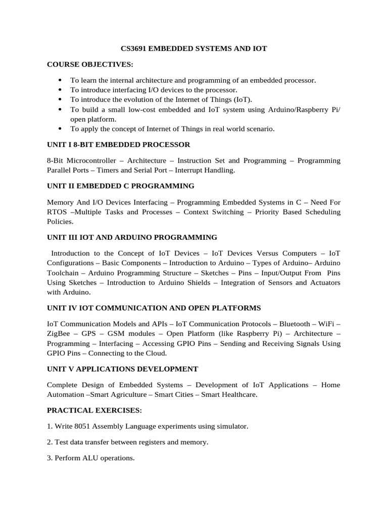 Cs3691 Embedded Systems and Iot | PDF | Embedded System | Internet Of Things