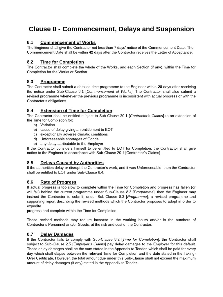 CLAUSE 8 - Commencement, Delays and Suspension | PDF | Damages | Employment