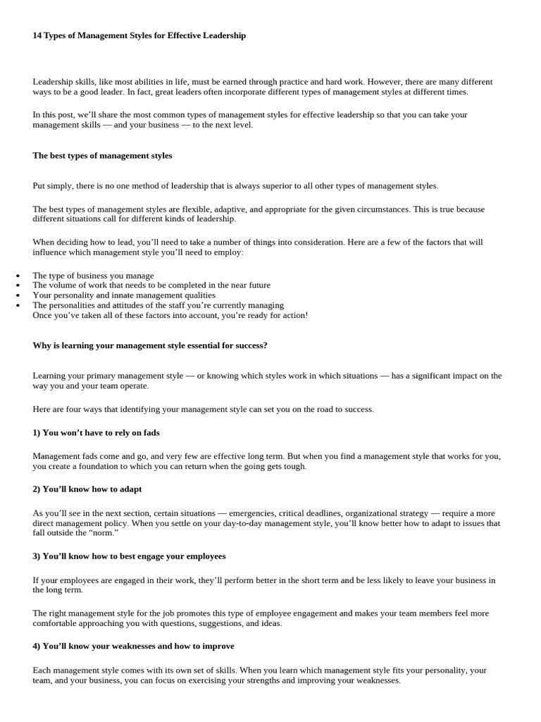 14 Management Styles for Effective Leadership | PDF | Leadership ...