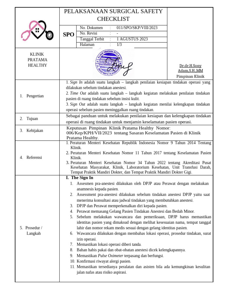 1. SPO Pelaksanaan Surgical Safety Checklist | PDF