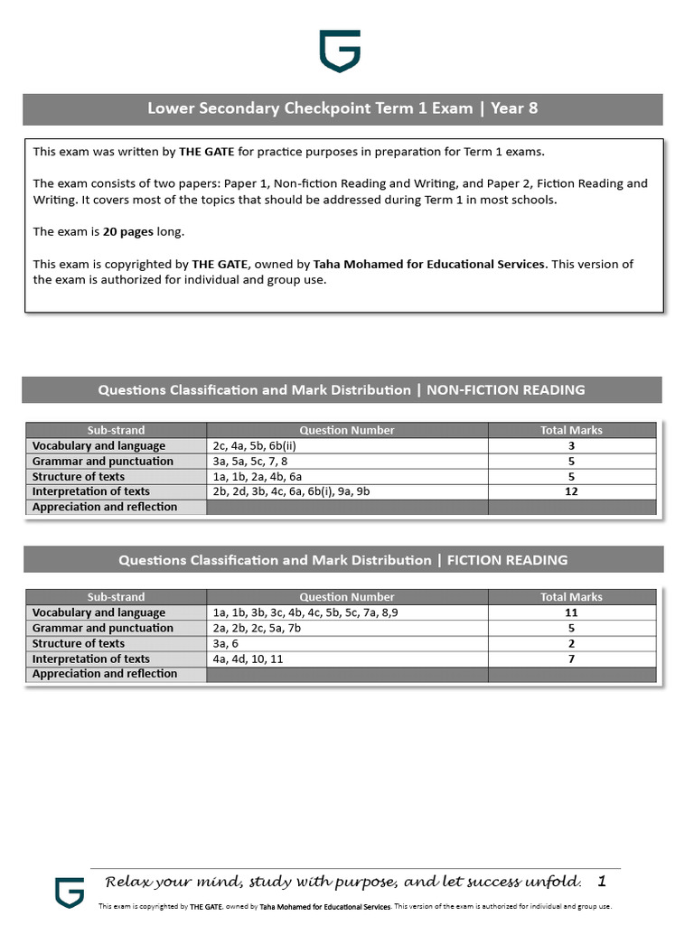 Lower Secondary Checkpoint Term 1 Exam Year 8 Question Paper | PDF ...