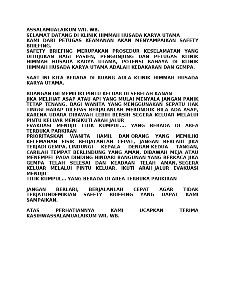 Teks Safety Briefing | PDF
