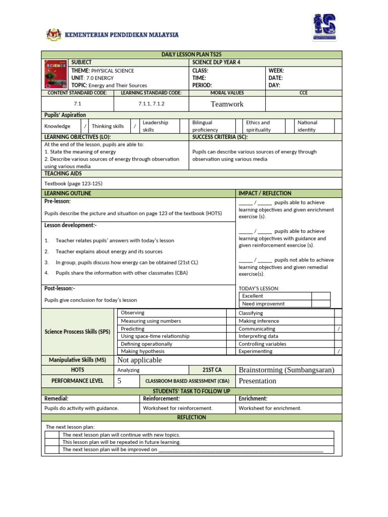 SC DLP Y4 TS25 (Unit 7) | PDF | Lesson Plan | Experiment