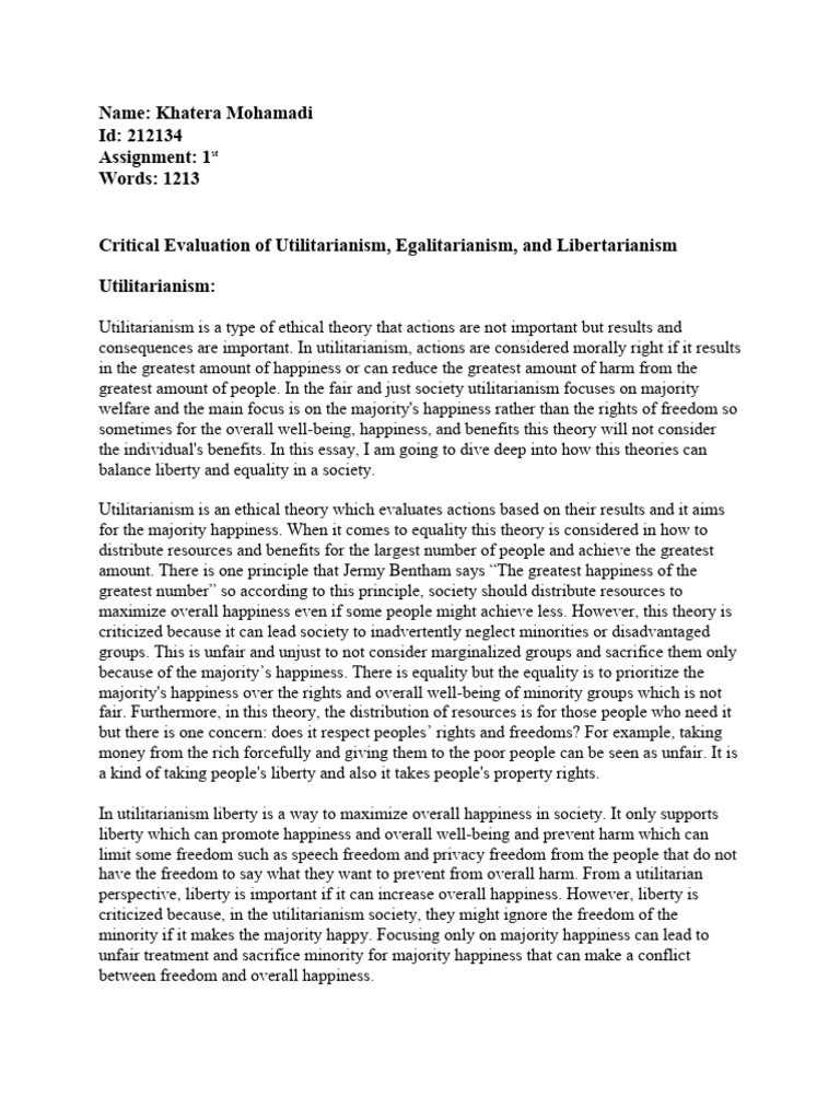 Ethics Assignment 1 Pdf Egalitarianism Utilitarianism 8172