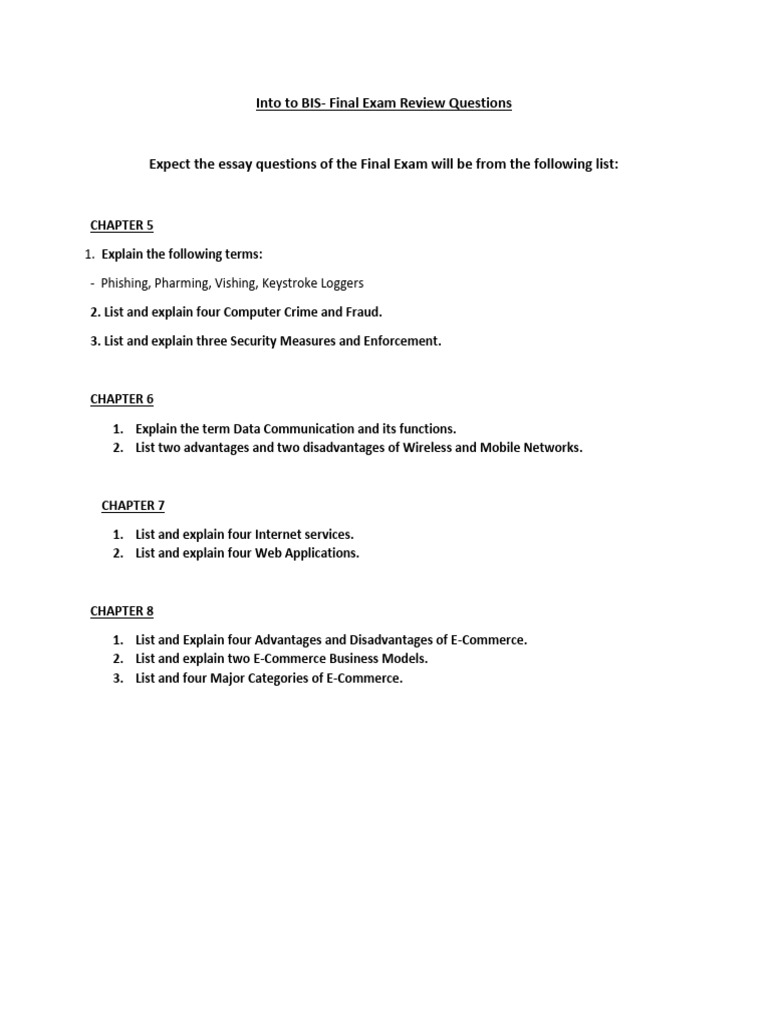 BIS Final Exam Review Questions Guide | PDF