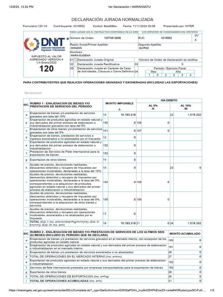 Declaración Jurada IVA 2024 Formulario 120 | PDF | Impuesto al valor ...
