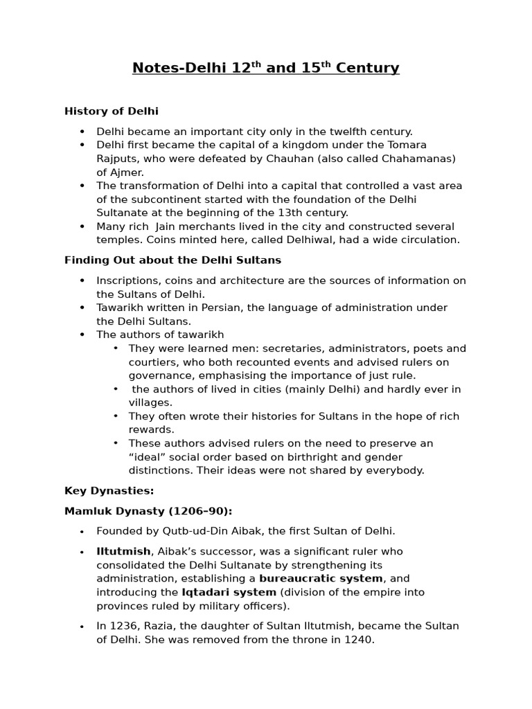 Notes-Delhi 12th and 15th Century | PDF