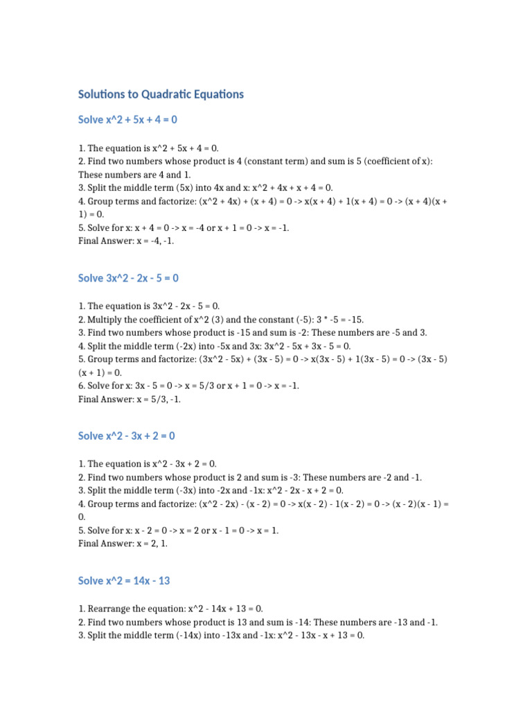 Solutions to Quadratic Equations Corrected | PDF | Quadratic Equation ...