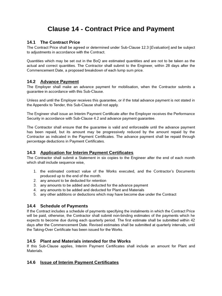 CLAUSE 14 - Contract Price and Payment | PDF | Payments | Employment