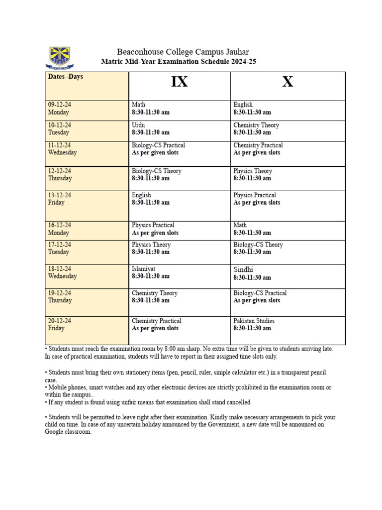 Matric Mid-Year Timetable 2024-25 | PDF