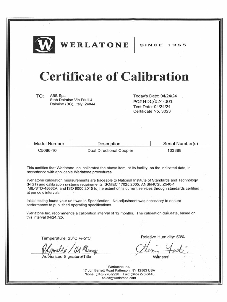 C5086-10_Werlatone_cal | PDF | Calibration | Specification (Technical Standard)