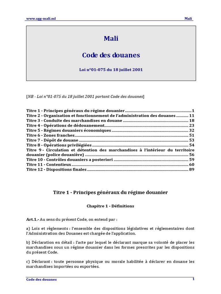 Code des douanes du Mali 2023 | PDF | Transport | Impôts