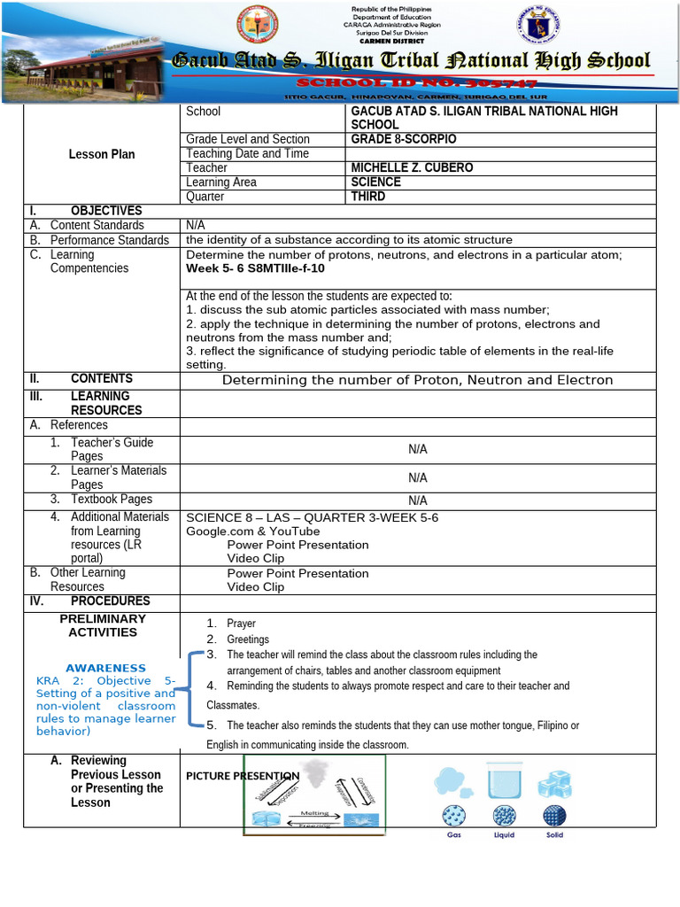 Grade 8 Science Lesson Plan: Atoms | PDF | Proton | Neutron