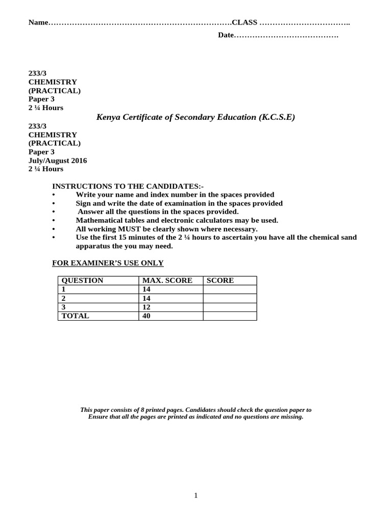 CHEMISTRY P3 FORM 3 REVISION | PDF | Titration | Chemistry