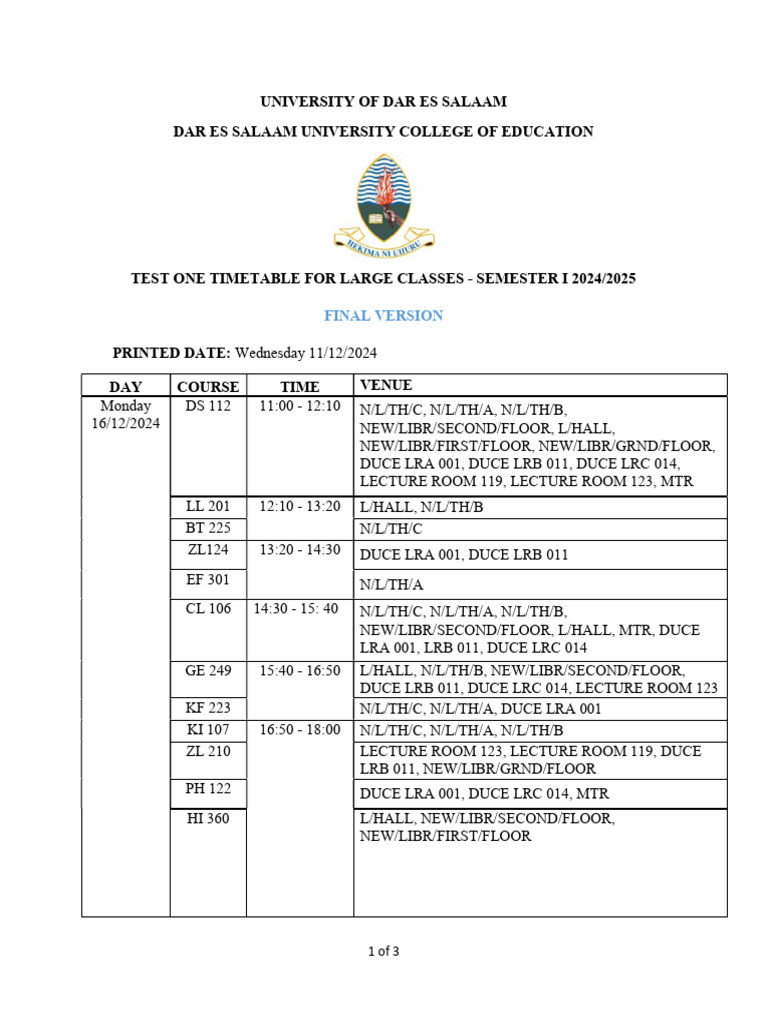 Final Test One Large Classes Timetable | PDF