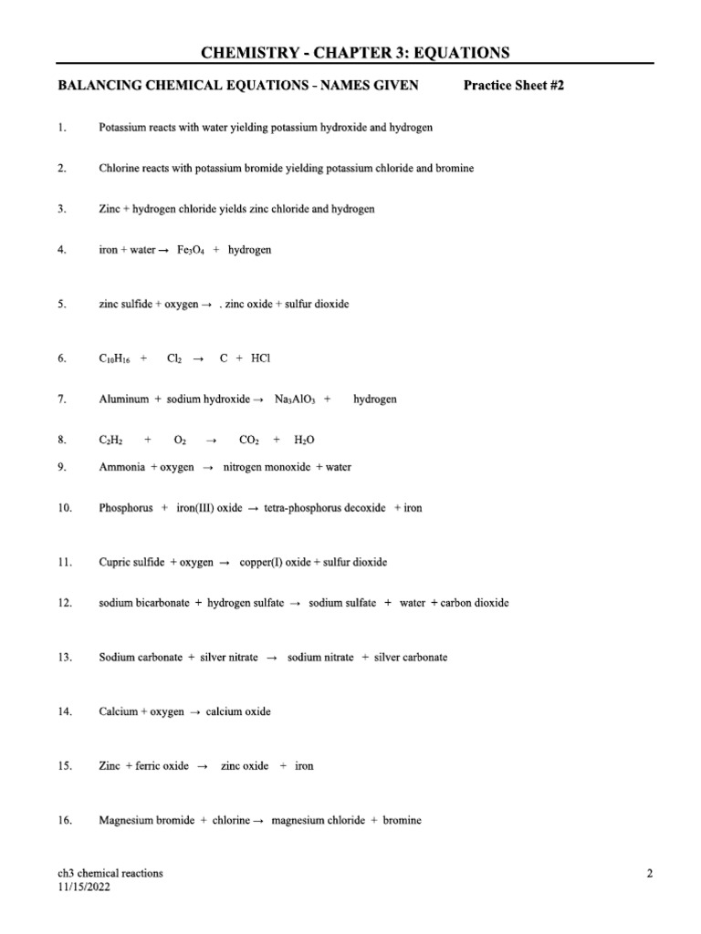 CH - 3 - Chemical - Reaction - Worksheet PG 2 Word Balance | PDF