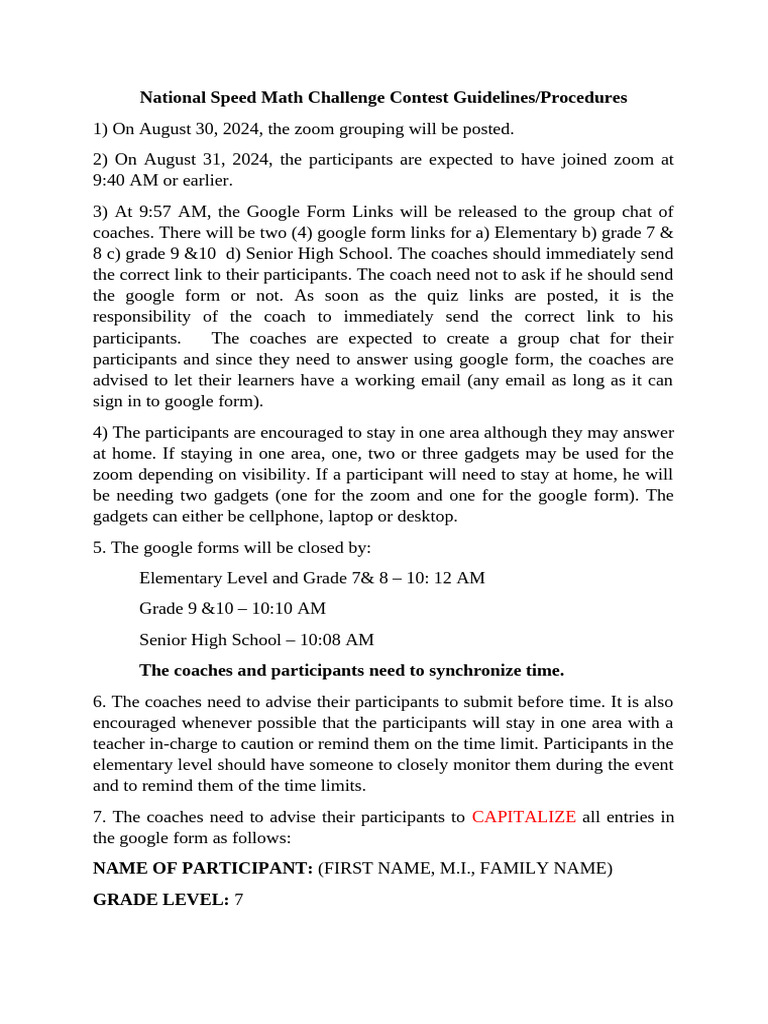 National Speed Math Challenge Contest Guidelines | PDF