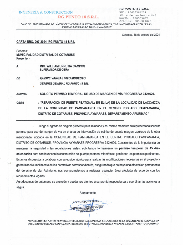 Carta 07 Solicitud de Permiso para Uso de Marge de Via | PDF