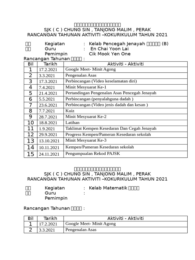 Takwin Aktiviti THNN Persatuan&kelab | PDF
