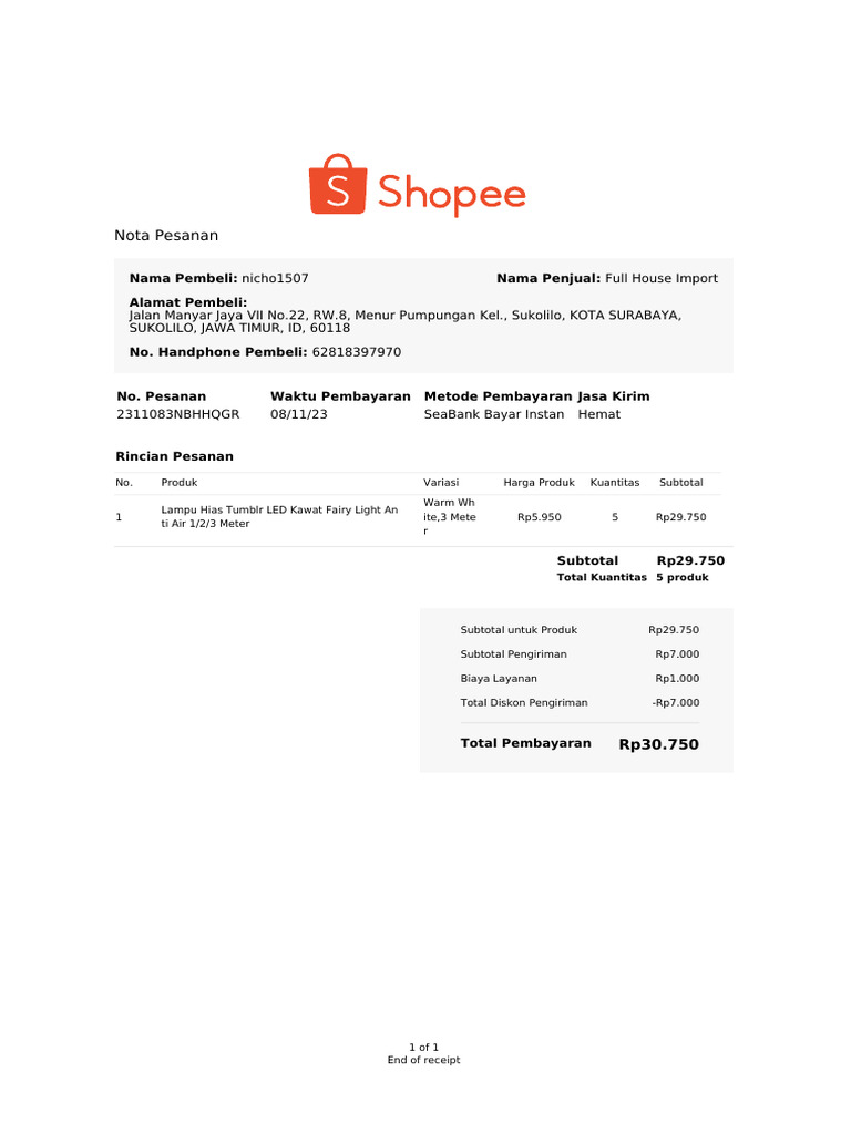 Invoice - 534979991 - Lampu LED | PDF