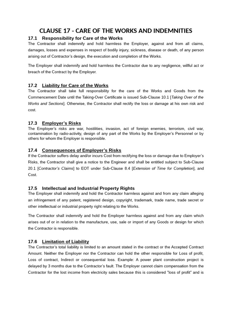 Clause 17 - Care of The Works and Indemnities | PDF | Indemnity ...
