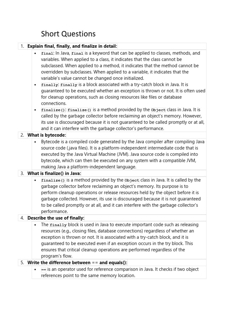 Short Questions | PDF | Java (Programming Language) | Method (Computer Programming)