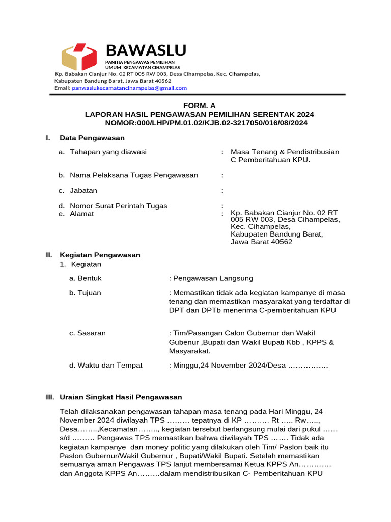 FORM-A LHP Pengawsan Tahapan Masa Tenang 24062024 | PDF