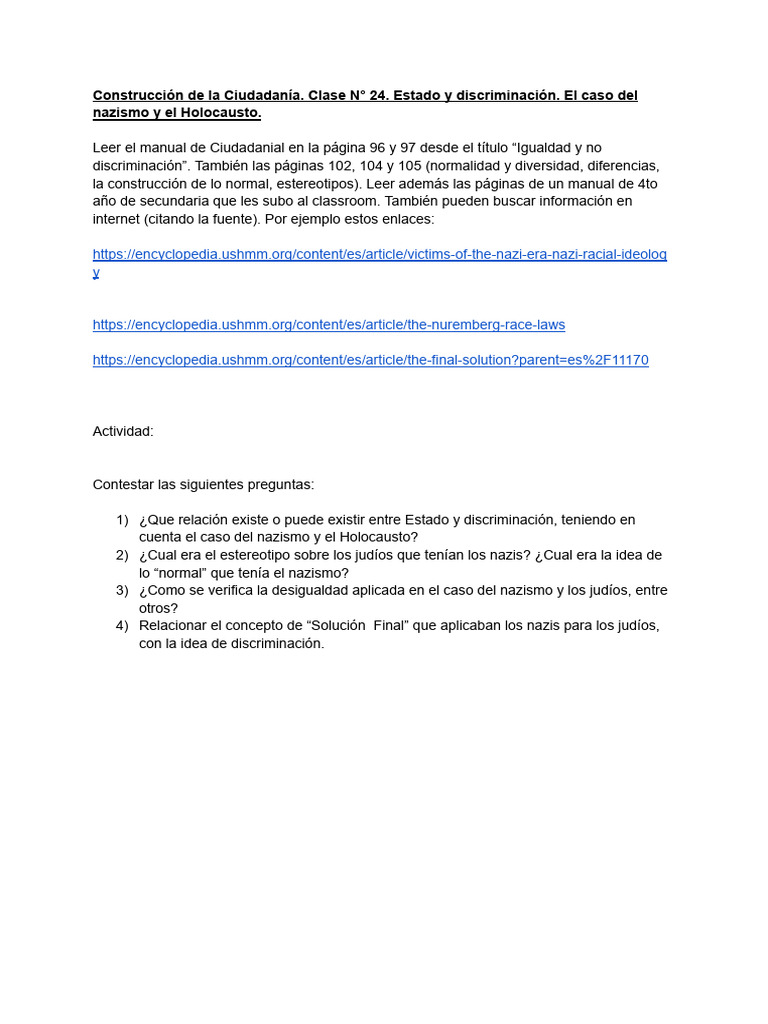 Construcci-N de La Ciudadan-A. Clase N - 25. Estado y Discriminaci-N. El Caso Del Nazismo y El ...