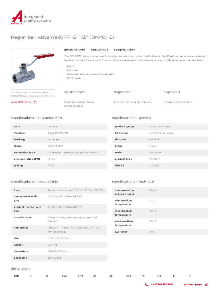 Pegler Ball Valve PB100PT Overview | PDF | Valve | Gases
