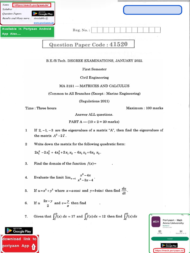 MA3151 Matrices and Calculus Reg 2021 Jan 2022. | PDF | Integral ...