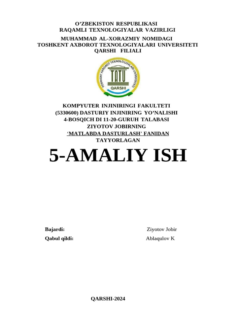 Matlab (A5) Ziyotov Jobir | PDF