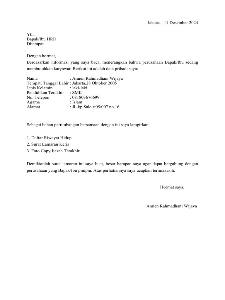 Surat Lamaran Kerja Lebak Bulus | PDF