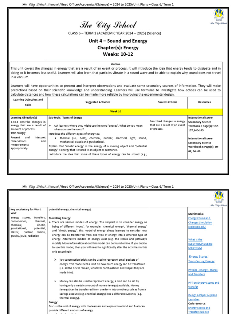 Unit Plan 4 Sound and Energy | PDF | Potential Energy | Sound