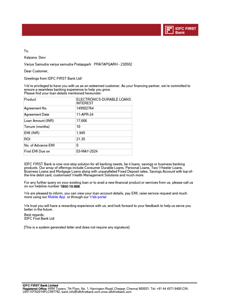 Welcome Letter 002815415 | PDF | Banks | Loans