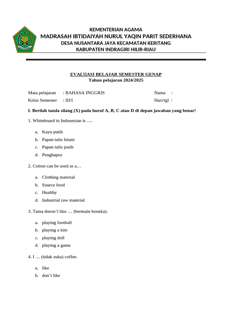 Soal Bhs Inggris Kls 3 | PDF