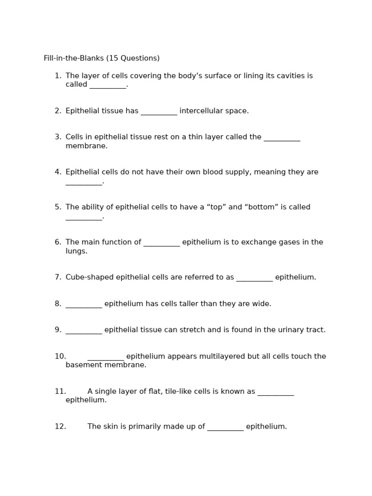 Epithelial Tissue Quiz: Fill-in, True/False, MCQ | PDF | Epithelium ...