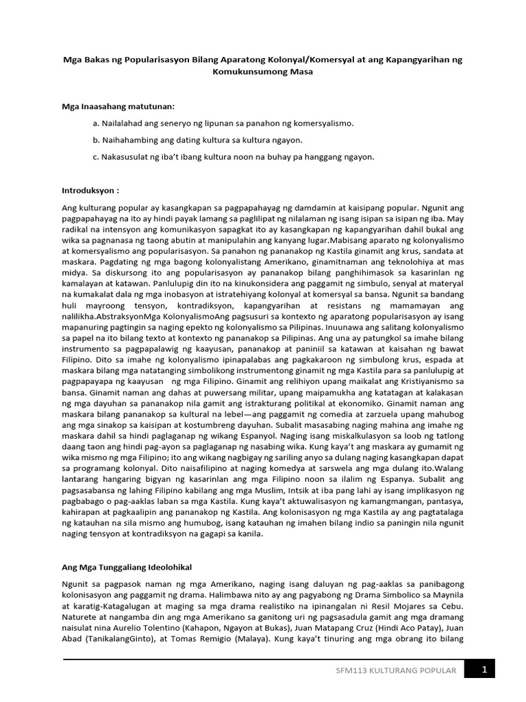 WEEK 15 Mga Bakas NG Popularisasyon Bilang Aparatong Kolonyal (20241118225601) | PDF