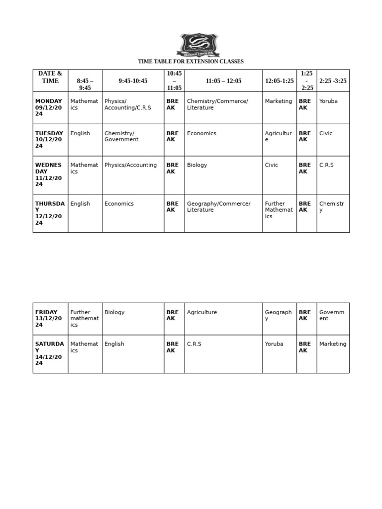 TIME TABLE FOR EXTENSION CLASSES. | PDF