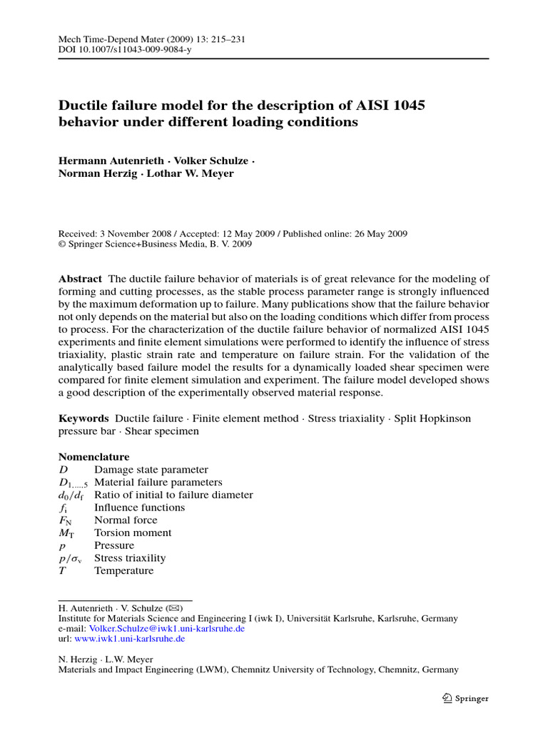 Ductile Failure Model For The Description of AISI 1045 Behavior Under ...