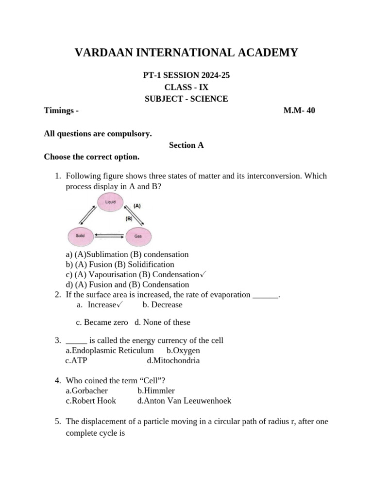 Answer Key Class 9 Science | PDF | Acceleration | Evaporation
