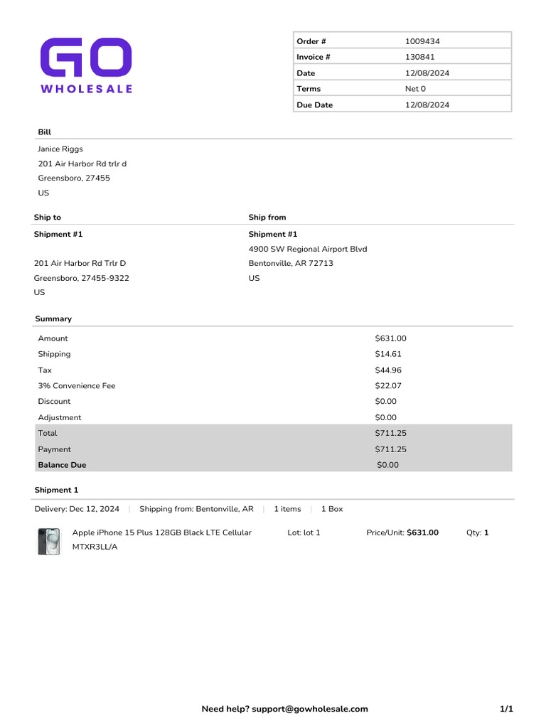 Gowholesale Order 1009434 | PDF