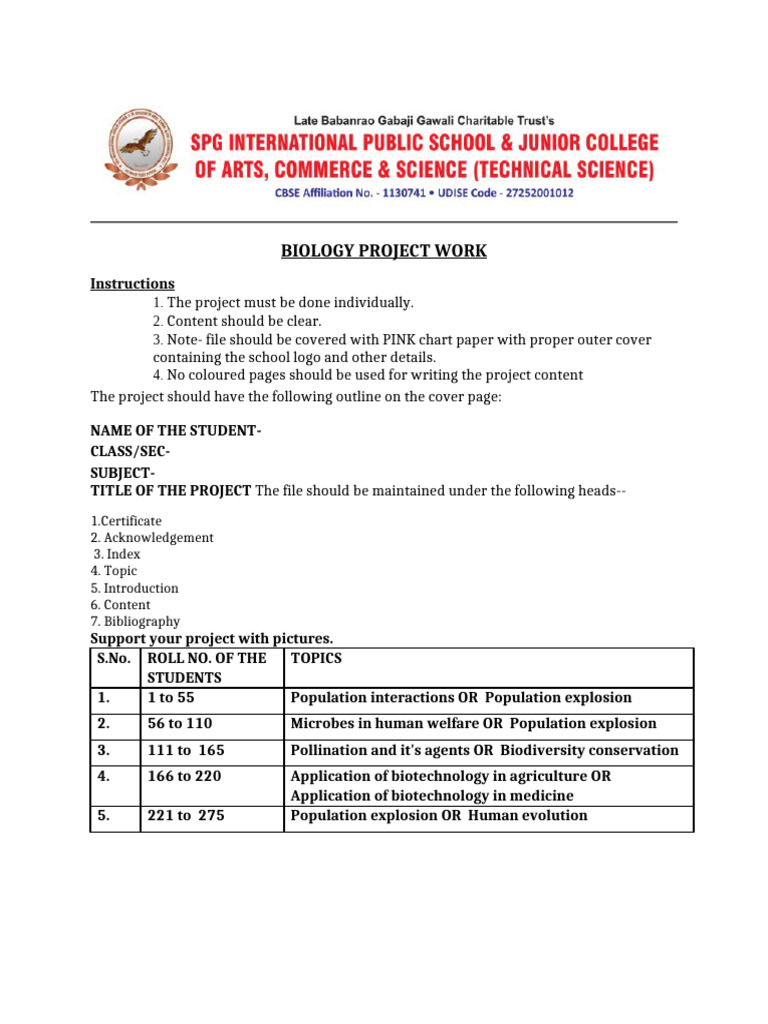 Biology Project Work For SPG Students | PDF