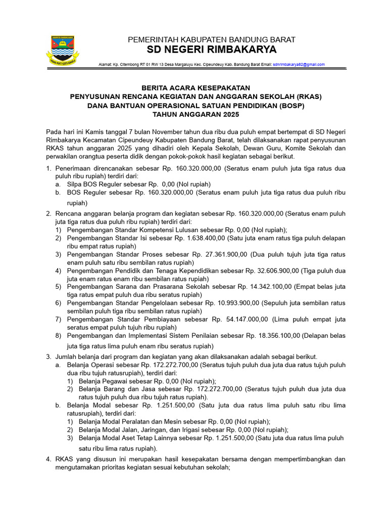 BERITA ACARA PENYUSUNAN RKAS SD NEGERI RIMBAKARYA-1 | PDF