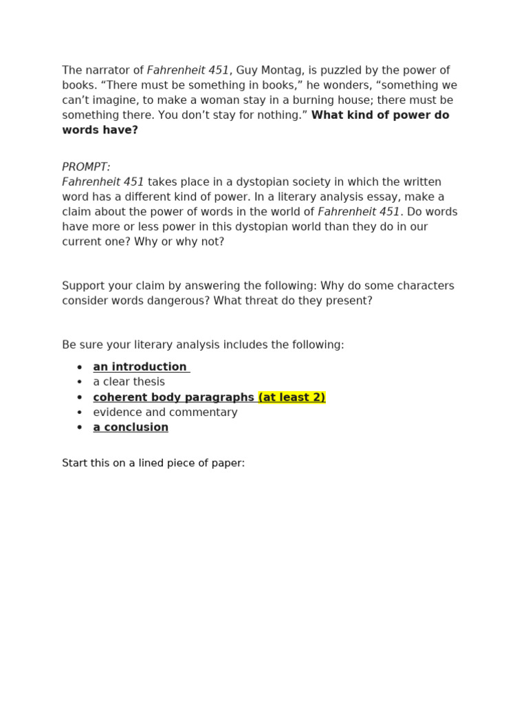 Fahrenheit 451 Writing Prompt | PDF | Essays | Dystopia